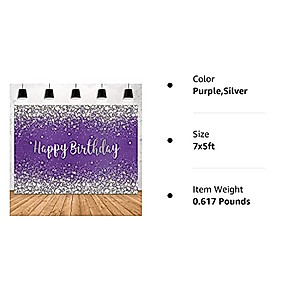 Aperturee 7x5ft Glitter Purple Diamonds Happy Birthday Backdrop Shinning Silver Bokeh Dots Women Girls Photography Background Sweet 16 Party Decorations Cake Table Banner Supplies Photo Booth Studio