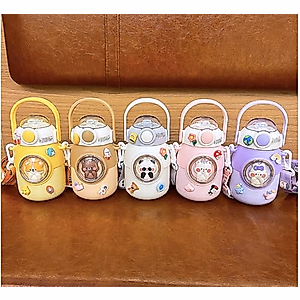 Large Capacity Cartoon Prints Water Bottle with Straw Lid Women Tumblers with Shoulder Strap Stainless Steel Thermal Cup (Pink 23.6oz)