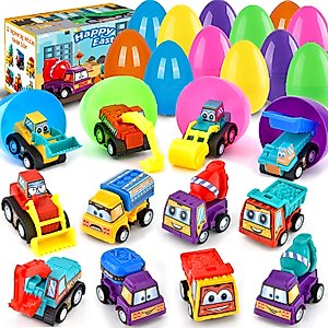 Easter Basket Stuffers for Toddler Easter Gifts for Boys Easter Egg Stuffers Easter Baskets for Kids 12 filled Easter Eggs with Toys inside Pull Back Construction Vehicles Fillers Classroom Favors