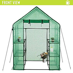 Deluxe Green House 56" W x 56" D x 77" H,Walk in Outdoor Plant Gardening Greenhouse 2 Tiers 8 Shelves - Window and Anchors Include!(Green)