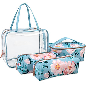 Emma & Chloe 4 Piece Toiletry Bag Set, Waterproof Home, Travel Cosmetic Train Case Makeup Bags for Women with Handle, Zipper – 4 Makeup Bags Set (Floral Florish)
