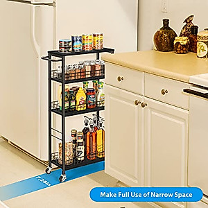 Slim Storage Cart Kitchen Rolling Utility Cart on Wheels 4 Tier Mobile Narrow Cart with Wood and Metal Handle Slide Out Storage Shelving Unit Cart for Kitchen Living Room Laundry Small Places Black