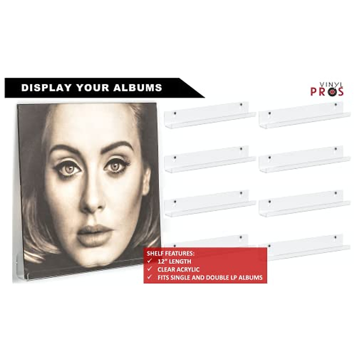 Vinyl Record Display Set - 8 Pack Acrylic Shelf Wall Mount and Protective Sleeves - 8 Clear Vinyl Shelves and 8 Album Protective Sleeves, Installation Tools Included