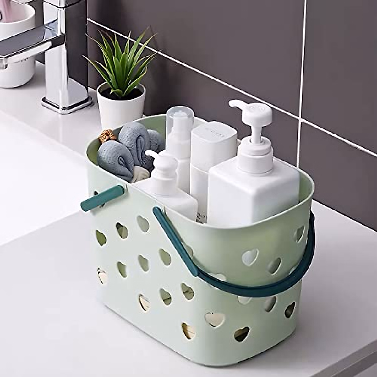 Anyoifax 2 Pack Portable Shower Caddy Tote Plastic Storage Basket with Handle Box Organizer Bin for Bathroom, Pantry, Kitchen, College Dorm, Garage, Set of 2 - Pink & Green