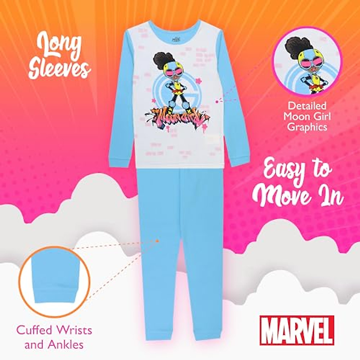 Marvel 4-Piece Snug-fit Cotton Superhero Pajama Set, Soft & Cute for Kids, Cool Moon Girl, 10