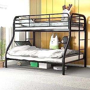 Reemoon Metal Bunk Bed, Twin Over Full Size Beds with Two Side Ladders & Safety Guard Rail, Space-Saving Design, Noise-Free, Black
