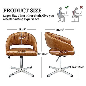 Volans Mid Century Modern Desk Chair Swivel Office Chair No Wheels, Vintage Faux Leather Swivel Desk Chair with Hollow Breathable Back for Small Spaces, Home Office,1 Pcs Brown