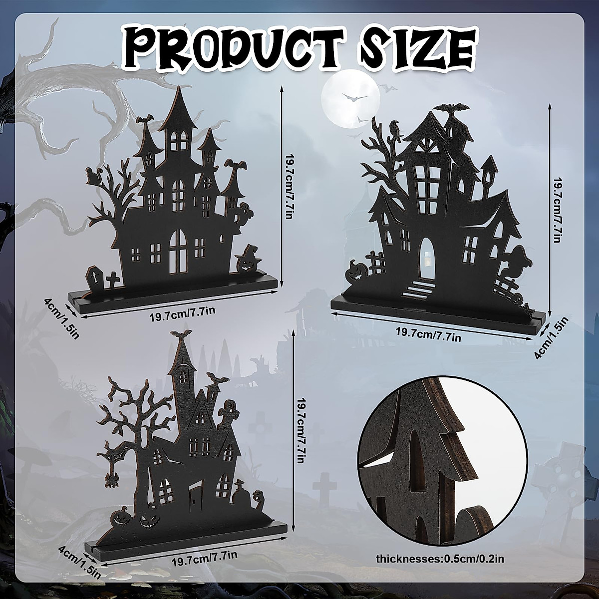 3Pcs Halloween Wooden Tabletop Centerpiece Decorations,Wooden Double-Sided Printing Silhouette Sketch Ghost House Decoration Ornaments,Halloween Desk Tiered Tray Decor for Indoor Home Kitchen Party