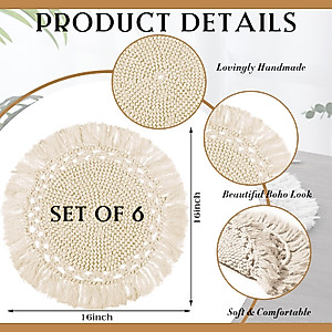 6 Pcs Boho Macrame Placemats Set Handmade Cotton Woven Boho Placemats Cute Desk Decor Round Farmhouse Fringe Placemats for Dining Table Office Car Home Wedding Party, 16 Inch