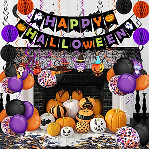Happy Halloween Banner Paper Honeycomb Ball Swirl Streamers Circle Confetti Dots Balloons Pumpkin Ghouls Bat Cat for Halloween Party Decorations Indoor Outdoor Wall Door Decoration