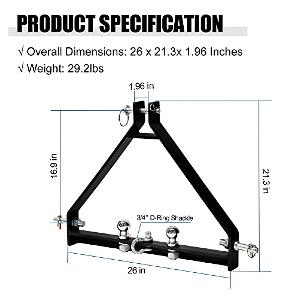 3 Point Trailer Hitch Receiver, Heavy Duty Drawbar Traile Hitch Cat 1, Quick Hitch Tractor Attachments Compatible (Black)