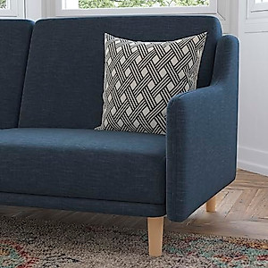 Flash Furniture Delphine Convertible Split Back Sofa Futon - Navy Faux Linen Upholstery - Solid Wood Legs - Curved Armrests - Sleeper Couch for Small Spaces
