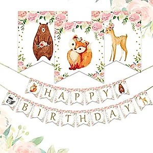 Woodland Happy Birthday Banner-Forest Animal Creatures Bunting Banner Garland for Girls Woodland Birthday Party Decorations