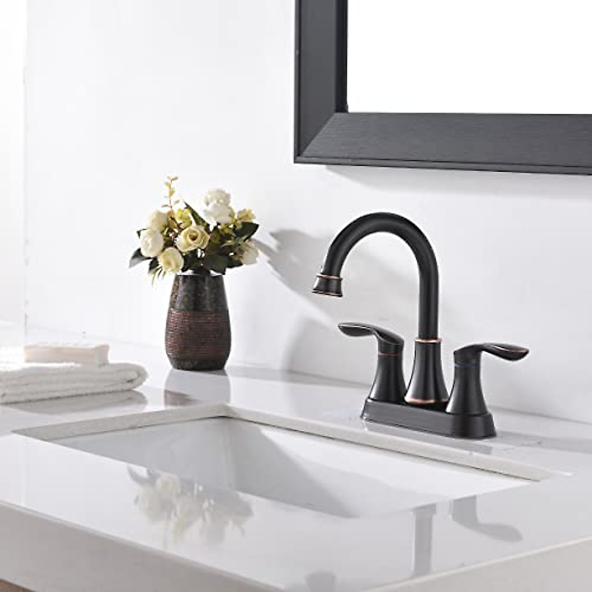 Comllen Oil Rubbed Bronze Bathroom Faucet Centerset 4 Inch Two Handle Bathroom Sink Faucet with Swivel Spout Bronze Faucet for Bathroom Sink Without Pop up Drain Water Supply Lines
