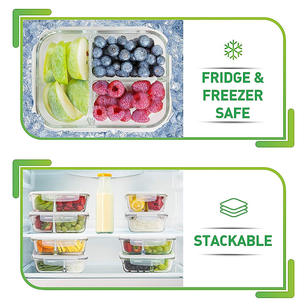 PrepNaturals Glass Meal Prep Containers 3 Compartment - Bento Box Containers Glass Food Storage Containers with Lids - Food Containers Food Prep Containers Glass Storage Containers with Lids 3 Pack