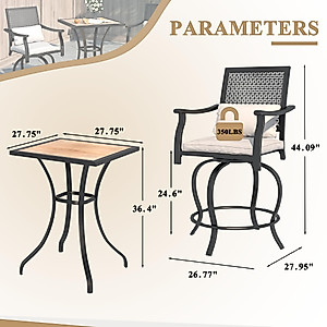 AECOJOY 3 Piece Outdoor Bar Set, High Top Patio Bar Set with Table and Chairs, Bar Height Patio Sets Clearance Plus Outdoor Pub Table and Swivel Chairs for Lawn Garden Porch