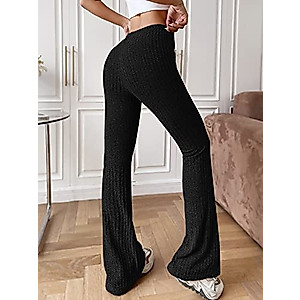 MakeMeChic Women's Drawstring High Waist Ribbed Knit Flare Pants Bootcut Yoga Pants Black S