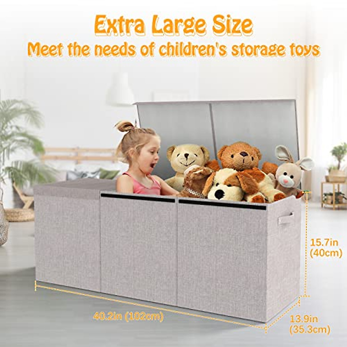 pasanba Large Toy Box, Collapsible Large Toy Chest for Kids with Lid and Handles, Toy Storage Organizer for Boys, Girls, Nursery, Play Room, Bedroom, 40.2 * 15.7 * 13.9 In,150L(Grey)