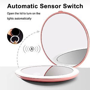 P TOPPSTORE LED Lighted Compact Mirror,4 Inch 1X/5X Magnification Travel Makeup Mirror,Rechargeable Portable Compact Mirror with Light for Handbag, Purse, Pocket, Pink