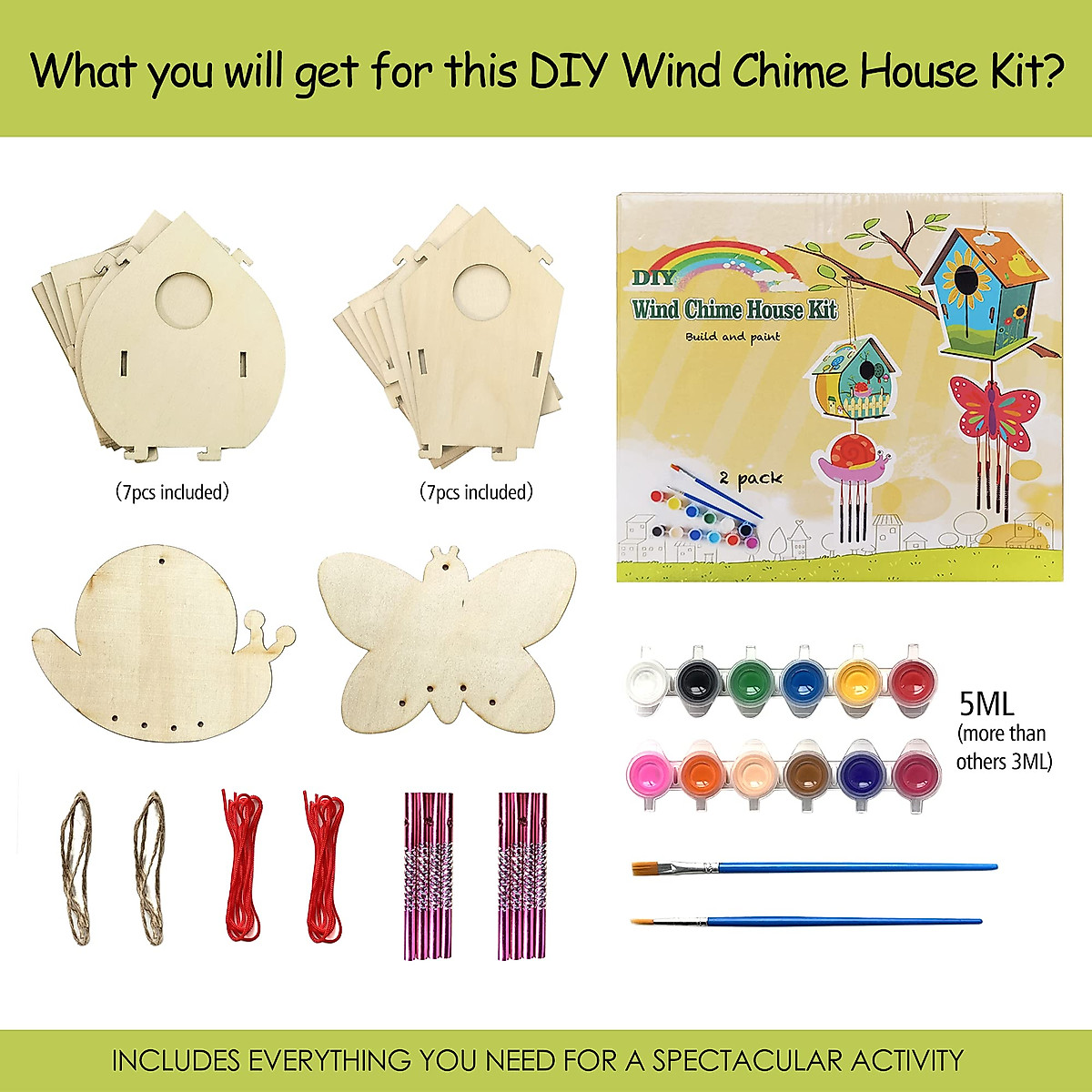 HOME COMPOSER 4 Pack DIY Bird House Wind Chime Kits for Children to Build and Paint, Wooden Arts and Crafts for Kids Girls Boys Toddlers Ages 8-12 4-6 6-8, Paint Kit Includes Paints & Brushes