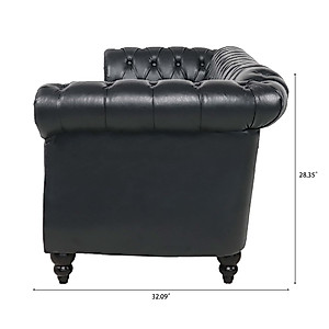 EMKK 84 inch Leather 3-Seater Sofa Couch,Rolled Arm Chesterfield Three Seater Sofá for Small Spaces, Bedroom, Living Room,Black