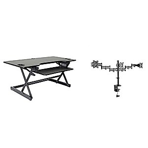 Rocelco 46" Large Adjustable Standing Desk Converter with Triple Monitor Mount - Sit Stand Up Computer Workstation Riser - Retractable Keyboard Tray - (R DADRB-46-DM3), Black