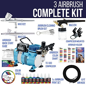 Master Airbrush Cool Runner II Dual Fan Air Compressor Professional Airbrushing System Kit with 3 Airbrushes, Gravity and Siphon Feed - 6 Primary Opaque Colors Acrylic Paint Artist Set - How to Guide