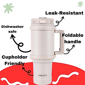 MEDA 40 oz Tumbler with Foldable Handle – Insulated, Reusable Stainless Steel Travel Coffee Mug – Perfect for Travel, Water, Iced Tea, Coffee – Ideal Easter Gift (Cream)