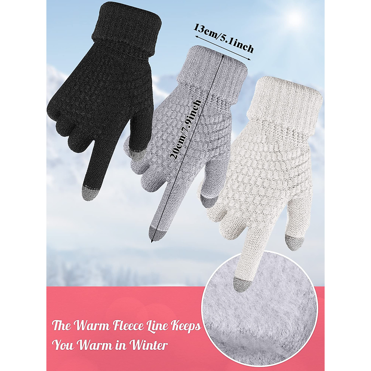 6 Pcs Winter Hats Gloves Set, 3 Pcs Winter Knitted Hats and 3 Pairs Warm Touchscreen Gloves for Women and Men Outdoor (Black, Gray, White)