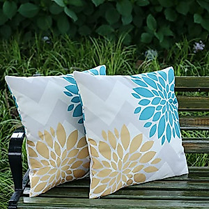 Outdoor Waterproof Throw Pillow Covers 18x18 Inch Teal and Yellow Dahlia Flower Outdoor Decor Accent Pillows for Patio Furniture Set of 2