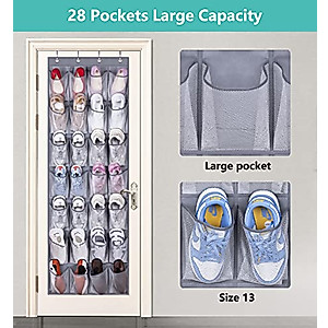 MISSLO 2 Pack 28 Large Pockets Hanging Shoe Rack Door Shoe Organizer Hanging Shoe Storage Hanger for Closet Mesh Holder, Grey, White