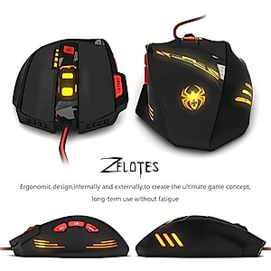 zelotes T90 Gaming Mouse 9200 DPI, 8 Programmable Buttons Multi-Modes LED Lights USB Gaming Mice, Weight Tuning for Laptop, Desktop, PC,- Black