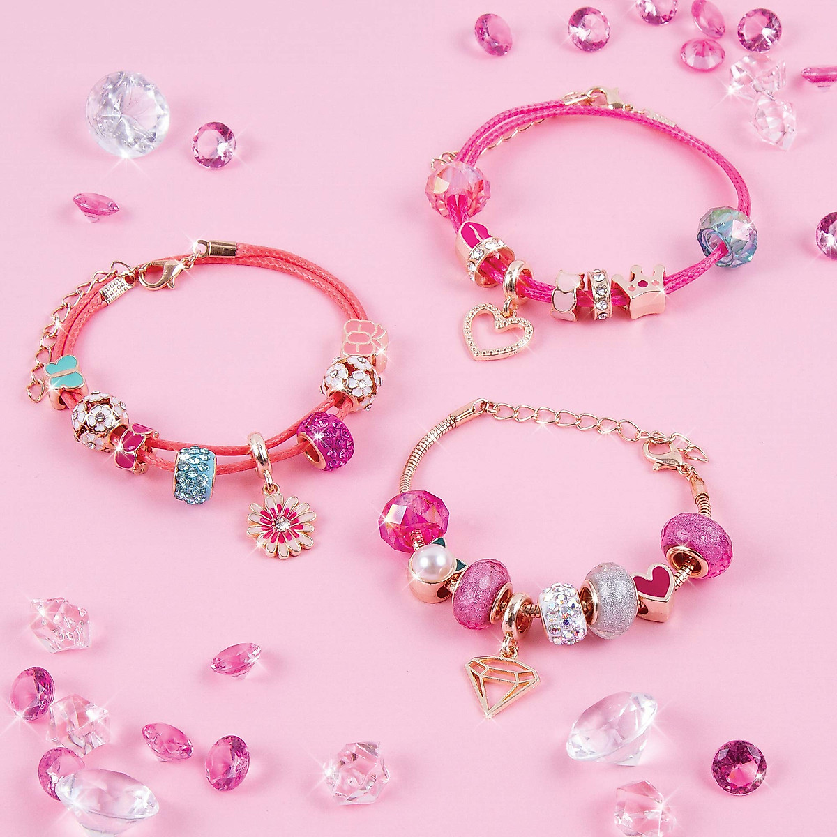 Make It Real - Halo Charms Bracelets Think Pink - DIY Charm Bracelet Making Kit - Friendship Bracelet Kit with Beads, Charms & Cord - Arts & Crafts Bead Kit for Girls - Makes 3 Bracelets