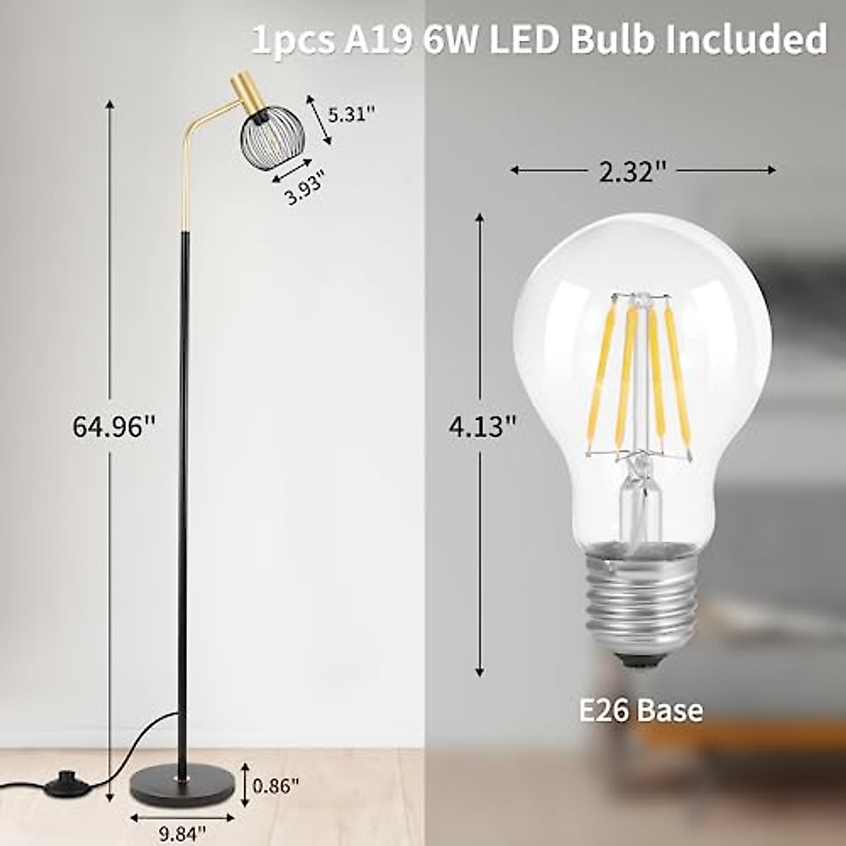 Duheypo Industrial Floor Lamp, Standing Lamp Farmhouse Floor Lamp with Foot Switch, Rustic Floor Lamps for Living Room Bedroom Office Dining Room, Black