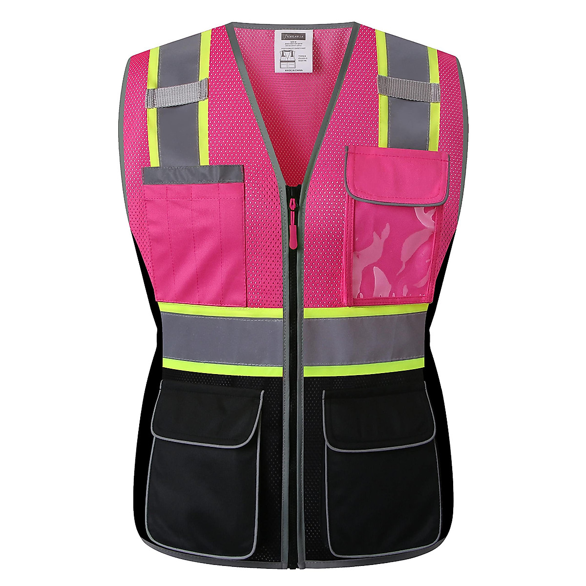 JKWEARSA Safety Vest For Women,High Visibility Reflective Work Vest With Multi Pockets And Zipper,Pink and Black,Medium