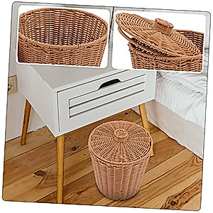 Yardwe 2pcs storage bucket with lid wicker storage basket seagrass plant pot paper waste basket woven flower pots small trash can wicker basket with lid rattan outdoor Iron office Toy