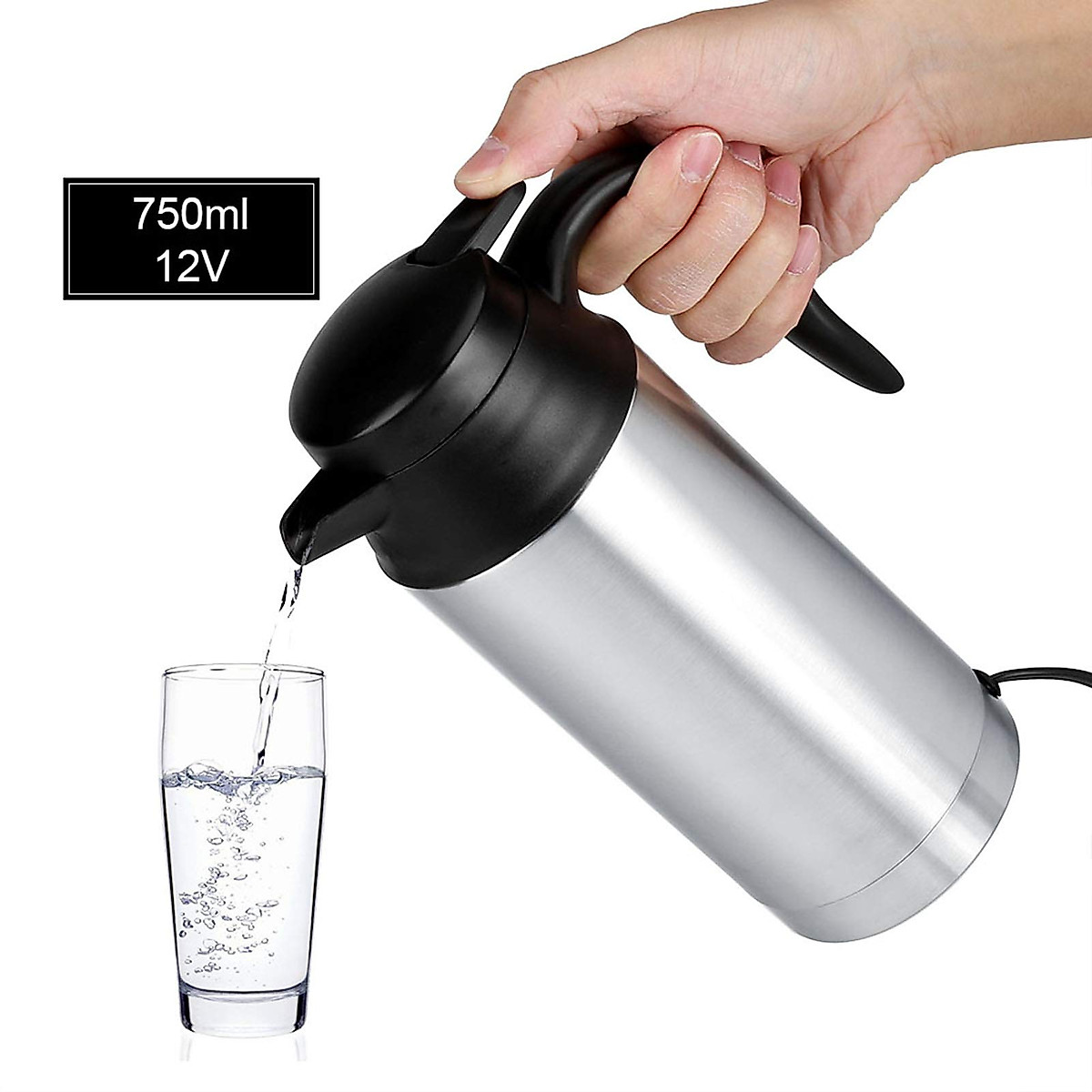 12V 750ml Car Electric Bottle, Stainless Steel Electric Car Kettle Heating Cup Coffee Mug Travel Water Bottle