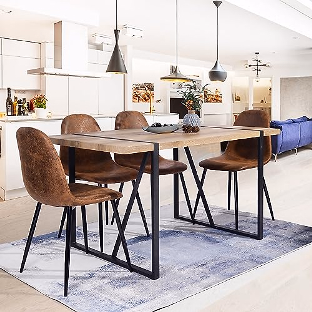 Modern Rectangular Dining Table, 31.5" x 55.1" Farmhouse Wood Kitchen Desk with Long Veneer Top and X-Shaped Steel Base, for 6 Living Room Small Spaces Dinning, Oak & Black