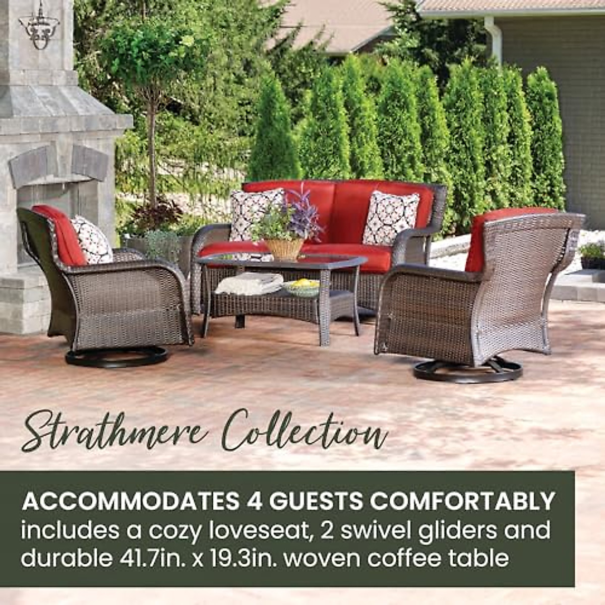 Hanover Strathmere Outdoor 4-Piece Conversation Set w/ Loveseat, 2 Swivel Chairs, Thick Red Cushions, 4 Accent Pillows and a Glass-Top Coffee Table, Patio Conversation Set for Backyard, Deck, Porch