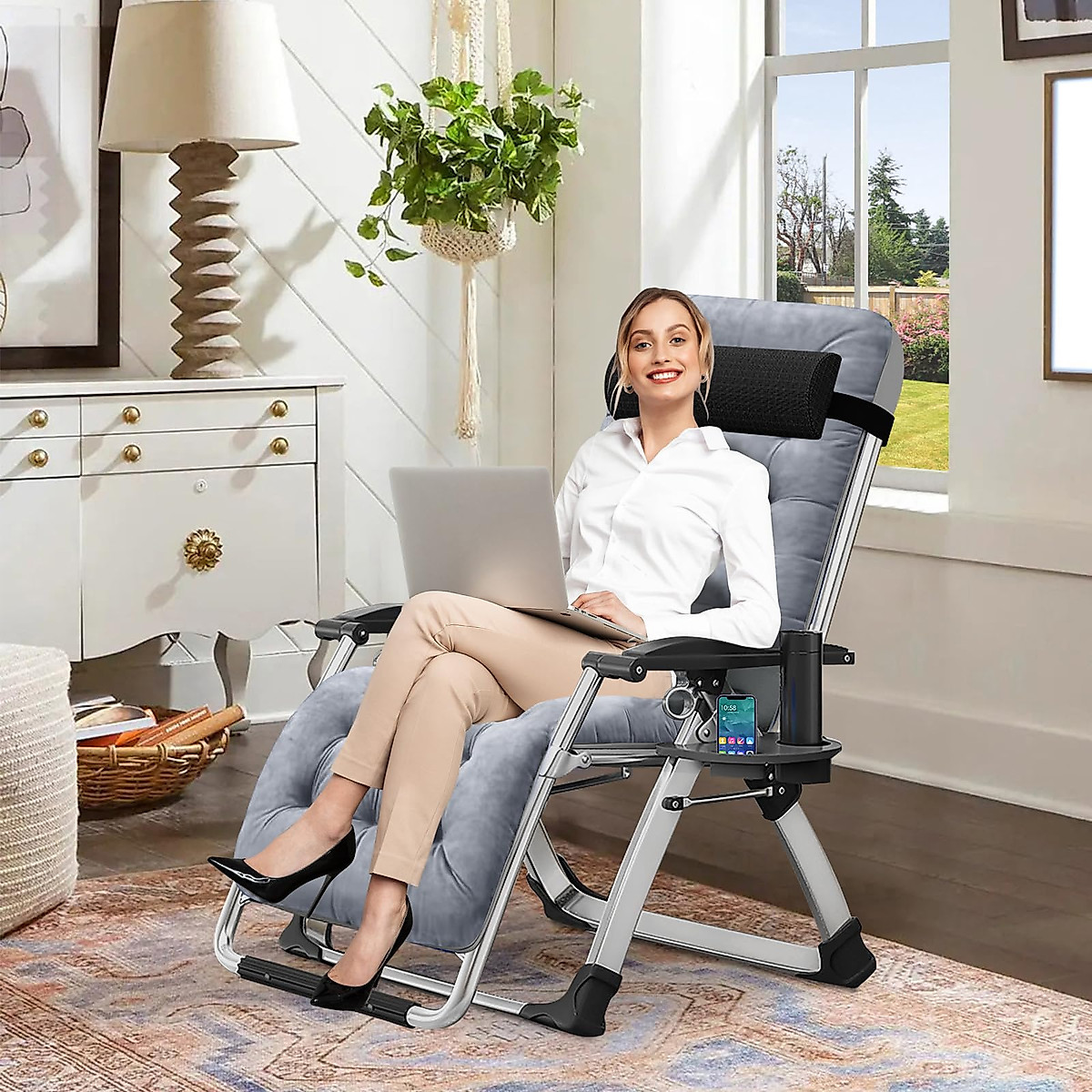 DoCred Comfy Chair, Folding Chair Recliner Chair for Bedroom and Living Room, Folding Reclining Patio Chairs Lounge Chair with Removable Cushion for Indoor Outdoor