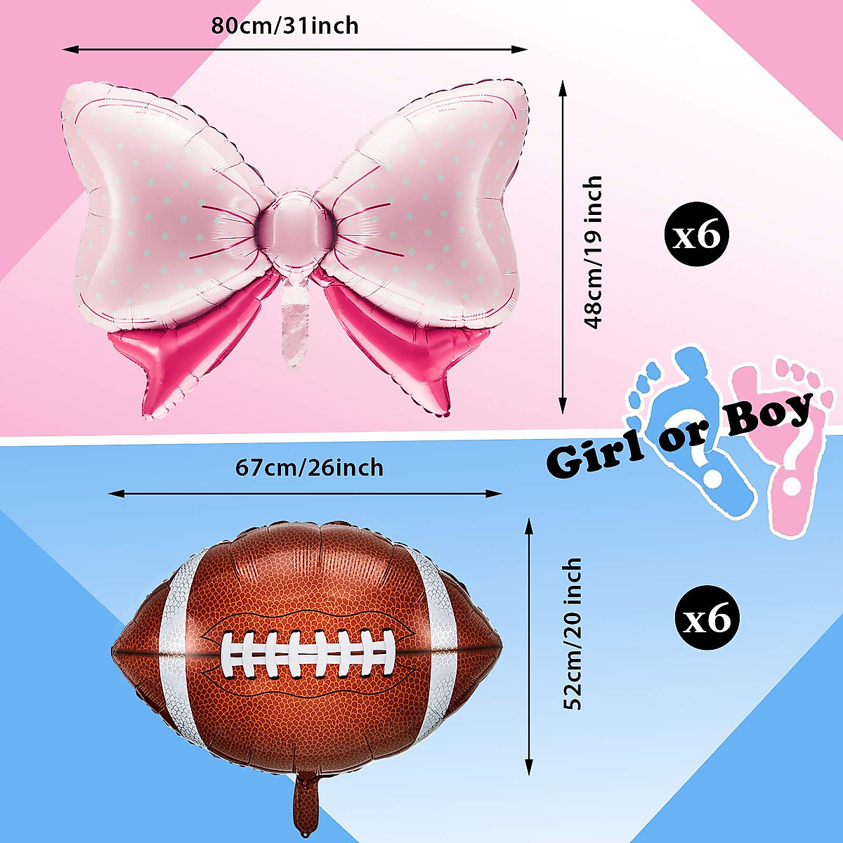 12 Pieces Gender Reveal Football Balloons Includes 6 Pink Bow Foil Balloons and 6 Football Foil Balloons Decoration Supplies Party Accessories for Gender Reveal Football Party, Baby Shower, Birthday