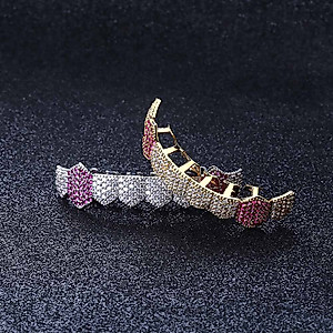 JINAO Silver Bottom 8 Teeth Grillz for Your Teeth 18K Gold Plated Iced Out Cubic Zirconia Fake Diamond Hip Hop Mouth Grill for Women Men(White Gold Pink)