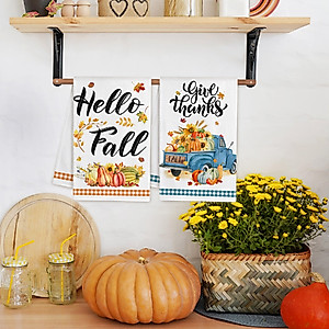 Fall Kitchen Towels Sets of 4 - Autumn Fall Dish Towels Dishcloths - Fall Hand Towels Bathroom Thanksgiving Tea Towel - Buffalo Plaid Pumpkin Gnome Farmhouse Theme Decorative Quick Dry Microfiber