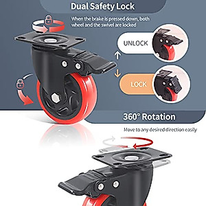 Casters,4 Inch Caster Wheels, Casters Set of 4 Heavy Duty,Red Polyurethane Castors, Safety Dual Locking casters with Brake, Swivel Wheels Industrial Casters for Furniture and Workbench