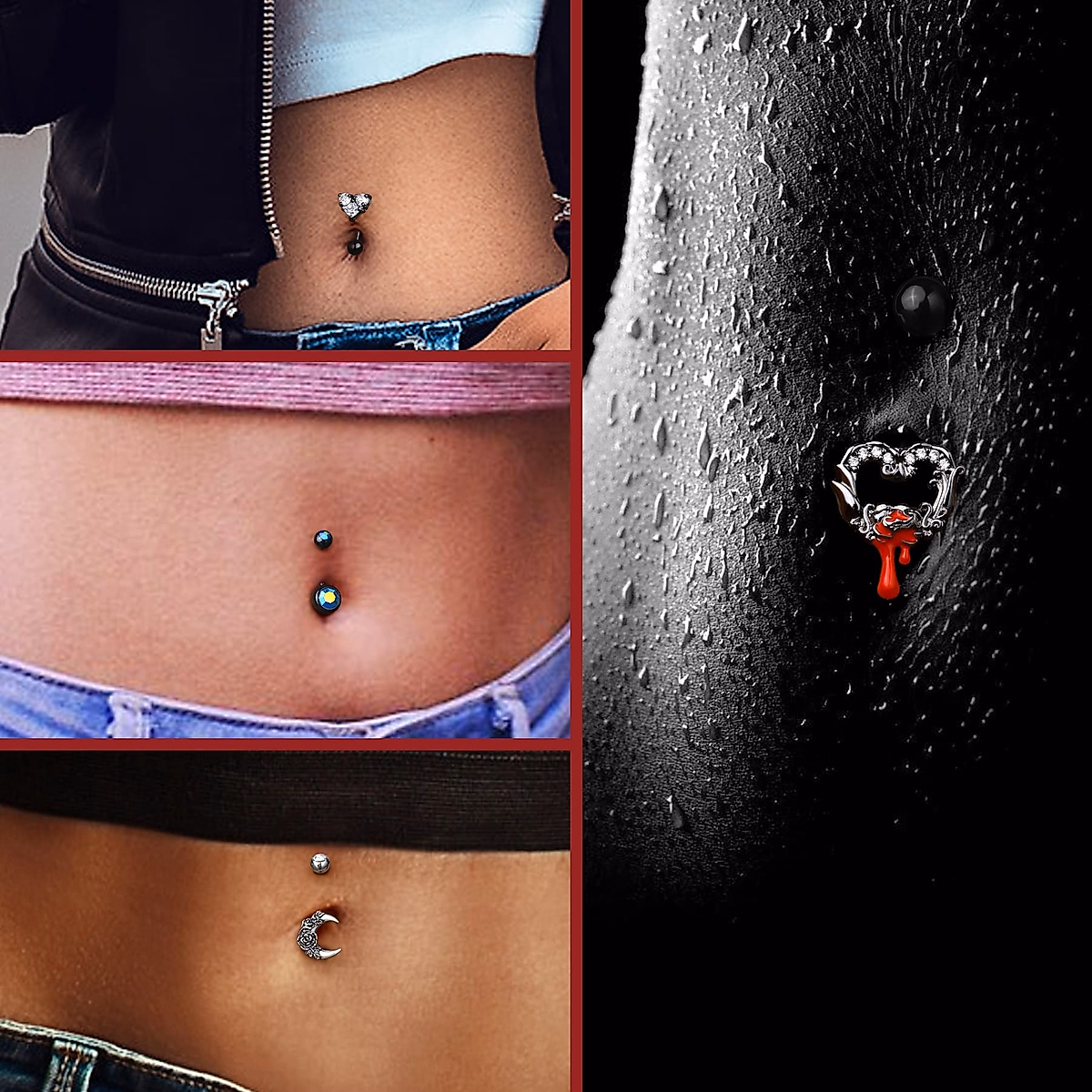 COCHARM 4PCS Moon Halloween Belly Button Rings Packs 14g Black Belly Button Ring Red Heart Belly Navel Rings for Women Men