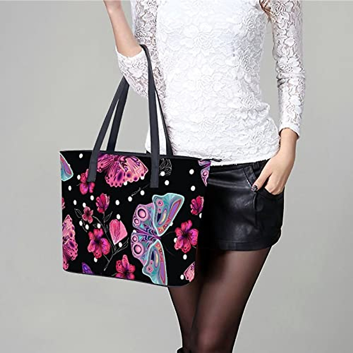 Womens Handbag Flowers And Butterflies Leather Tote Bag Top Handle Satchel Bags For Lady