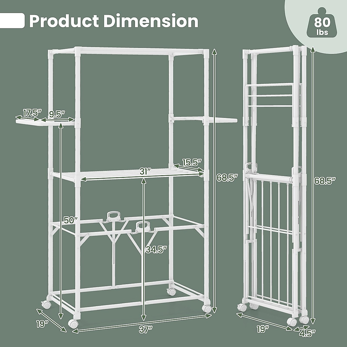 GOFLAME Foldable Clothes Drying Rack, Collapsible Laundry Rack Stand with Hanging Rods, Folding Side Shelves, Removable Middle Shelf, Garment Drying Rack with 4 Universal Wheels for Indoor Outdoor Use