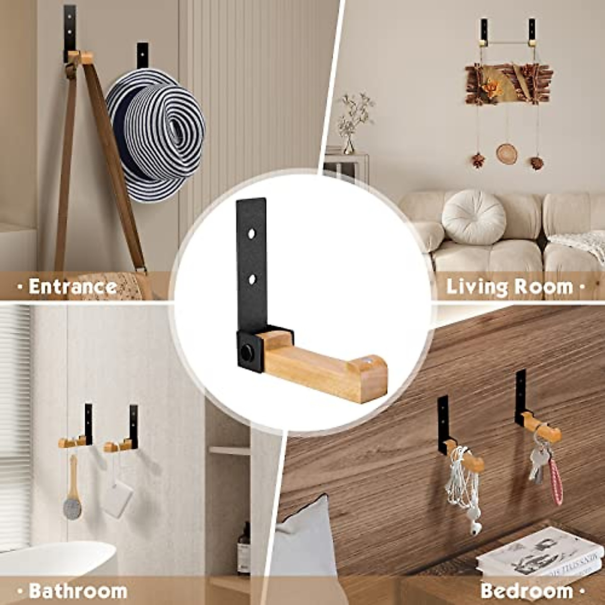 Folding Coat Hooks 5 Pcs Wooden Wall Hooks for Hanging Coat Heavy Duty Aluminum Alloy Adhesive Foldable Headphone Holder Coat Hooks Wall Mounted with Screws for Hat, Towel, Bag (Black)