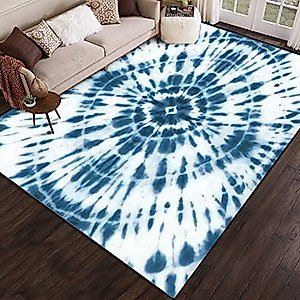 PeeNoke Tie dye Shibori Seamless Watercolor Hand Painted Indigo Blue Teal Area Rug Outdoor Patio Rug Play Mat Modern Floor Carpet Non-Slip Home Decor Living Room Kids Bedroom Nursery, 6x9 ft
