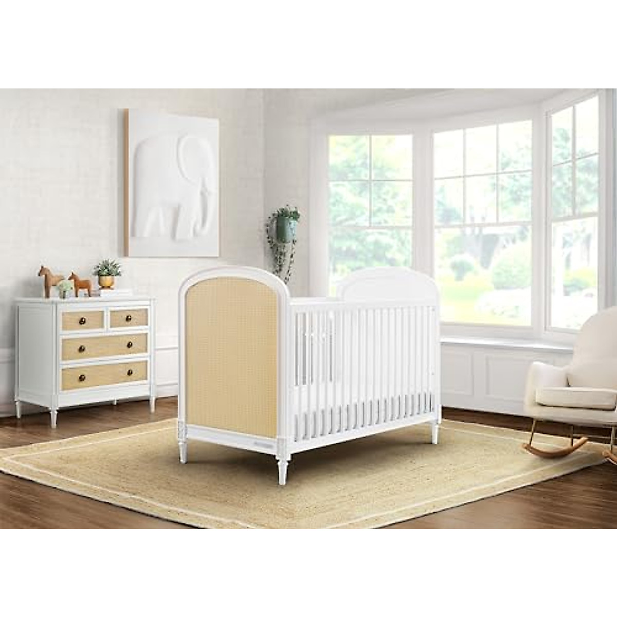 Delta Children Madeline 4-in-1 Convertible Crib - Woven Cane Mesh Panels, Includes Conversion Rails, Greenguard Gold Certified, Bianca White/Textured Almond